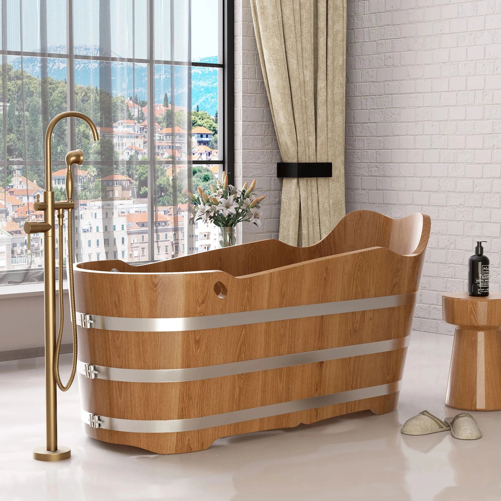 1510mm Japanese Oak Wood Soaking Bath Freestanding Modern Natural Bath ...