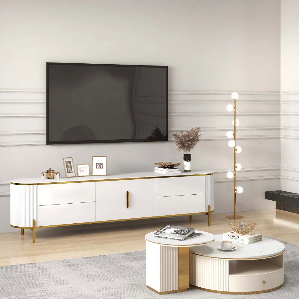 2200mm Modern Elegant Oval TV Console with Drawers & Doors in White ...