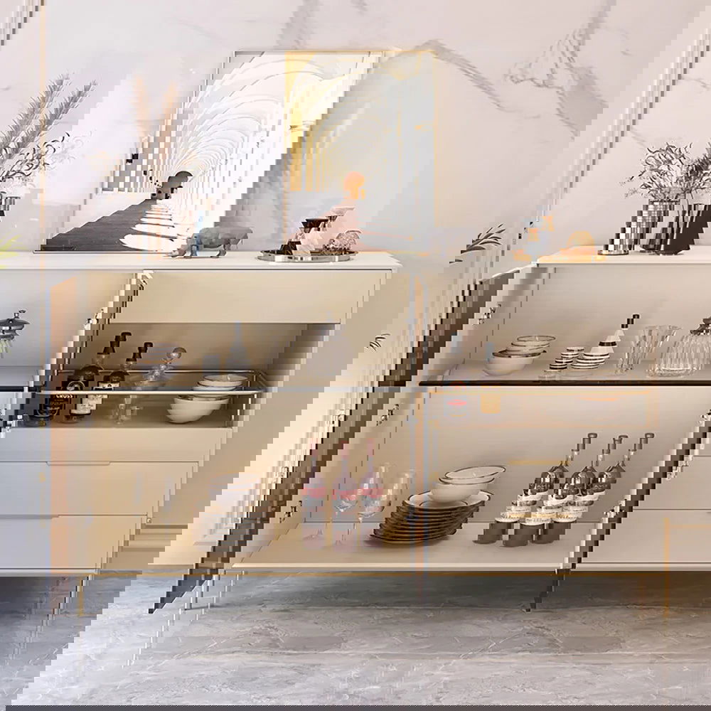 Dolawn 1400mm Light Khaki Sideboard Buffet Tempered Glass Doors & Shel ...