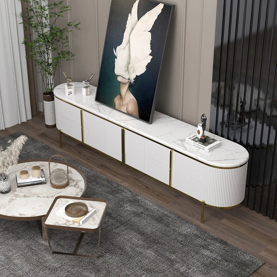 Gline Modern Oval TV Stand White Marble Top with Drawers & Storage for ...