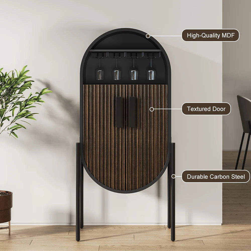Industrial Black Oval Bar Cabinet with Glass & Wine Rack Home Bar Cabi ...