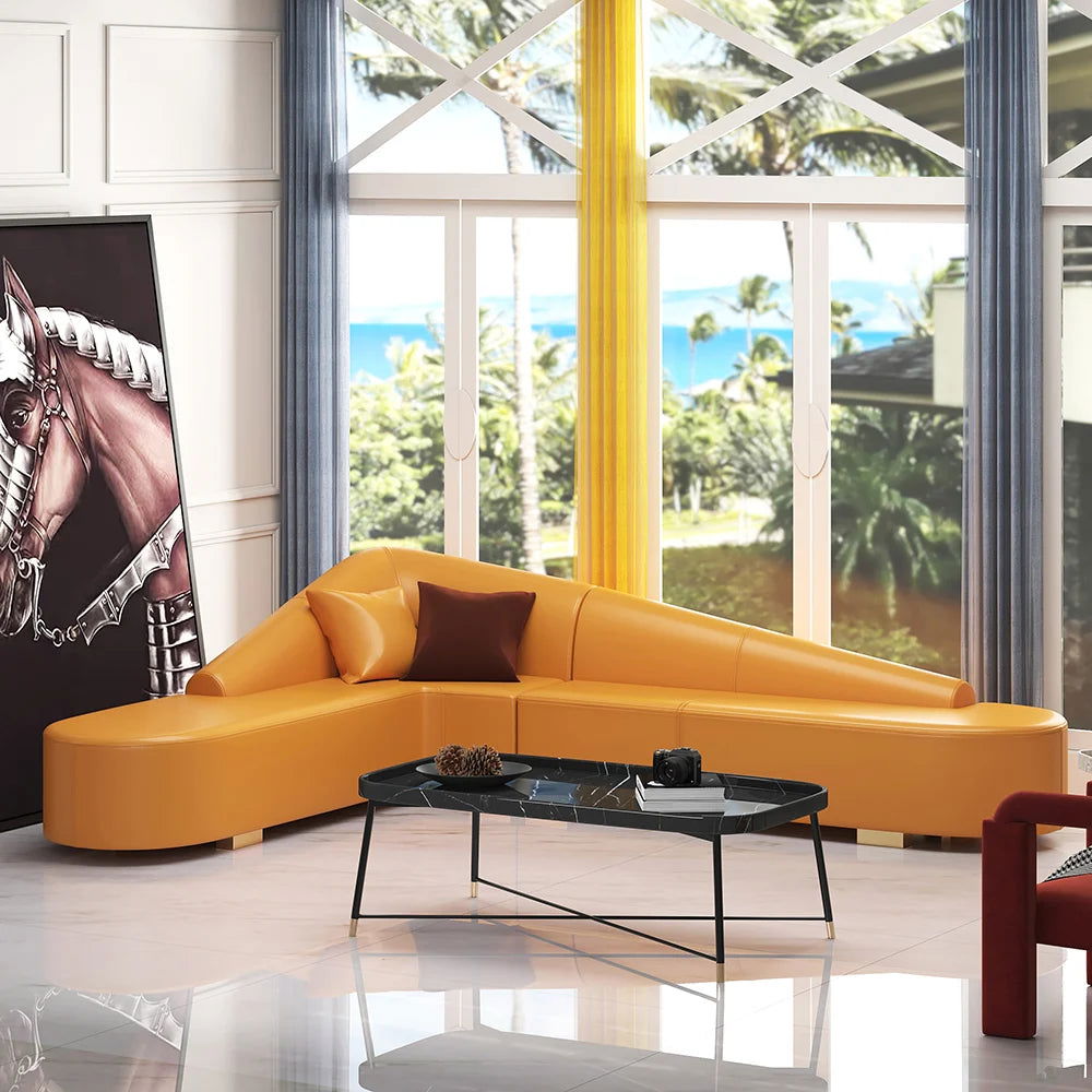 Modern 6-Seater Orange L-Shaped Corner Sectional Sofa Faux Leather Uph ...