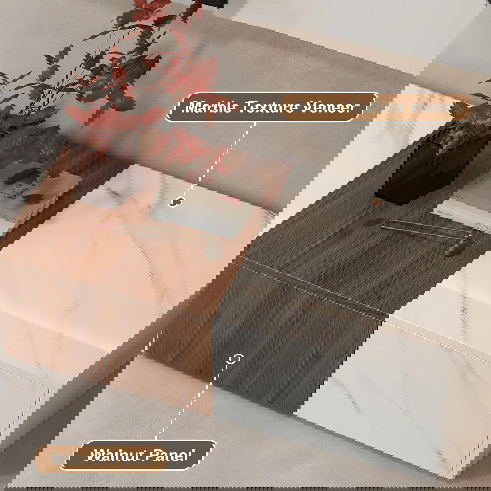 Vewal Modern Wood Block TV Stand Marble & Walnut Veneer in White with ...